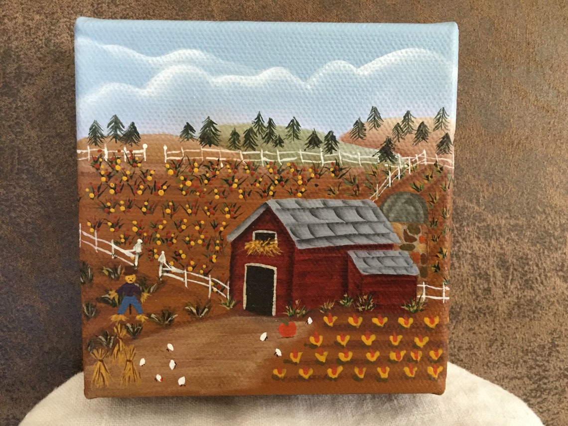 FALL Folk Art Barn/fields 4x4 Canvas 2 - Etsy