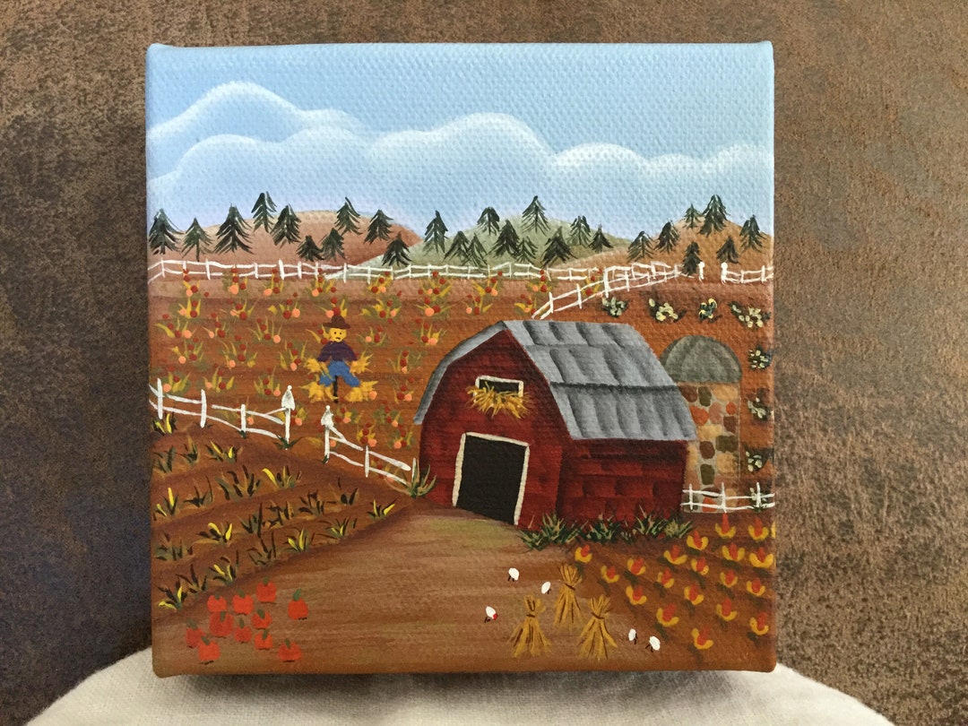 FALL Folk Art Barn 4x4 Canvas - Etsy
