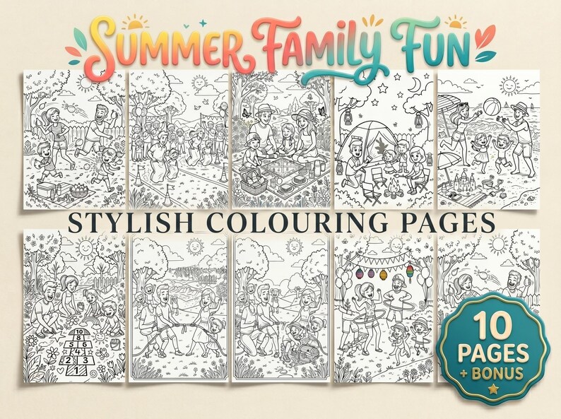 Summer Family Fun Coloring Pages – 10 Activity Sheets + Bonus (digital ...