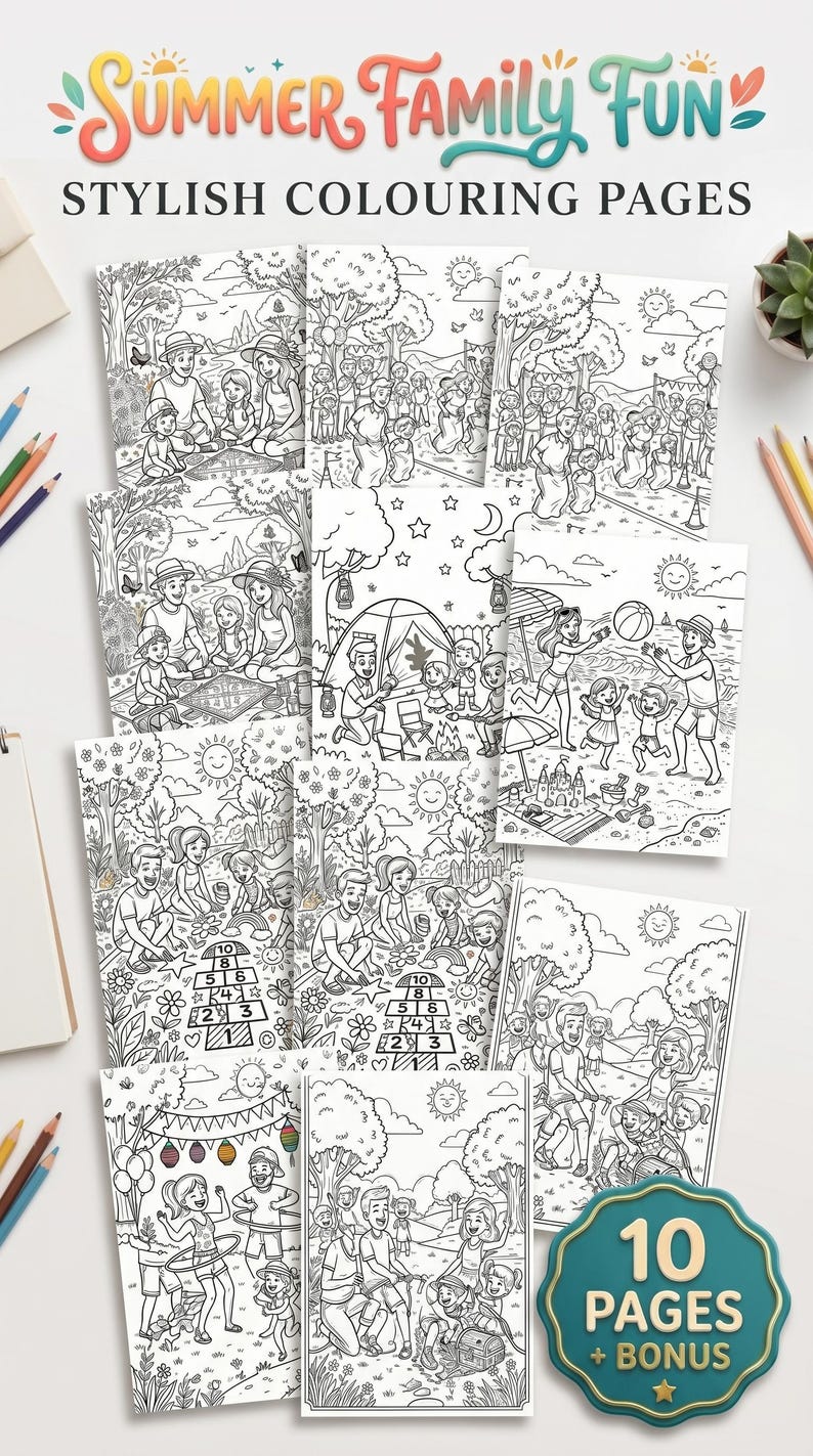 Summer Family Fun Coloring Pages – 10 Activity Sheets + Bonus (digital ...