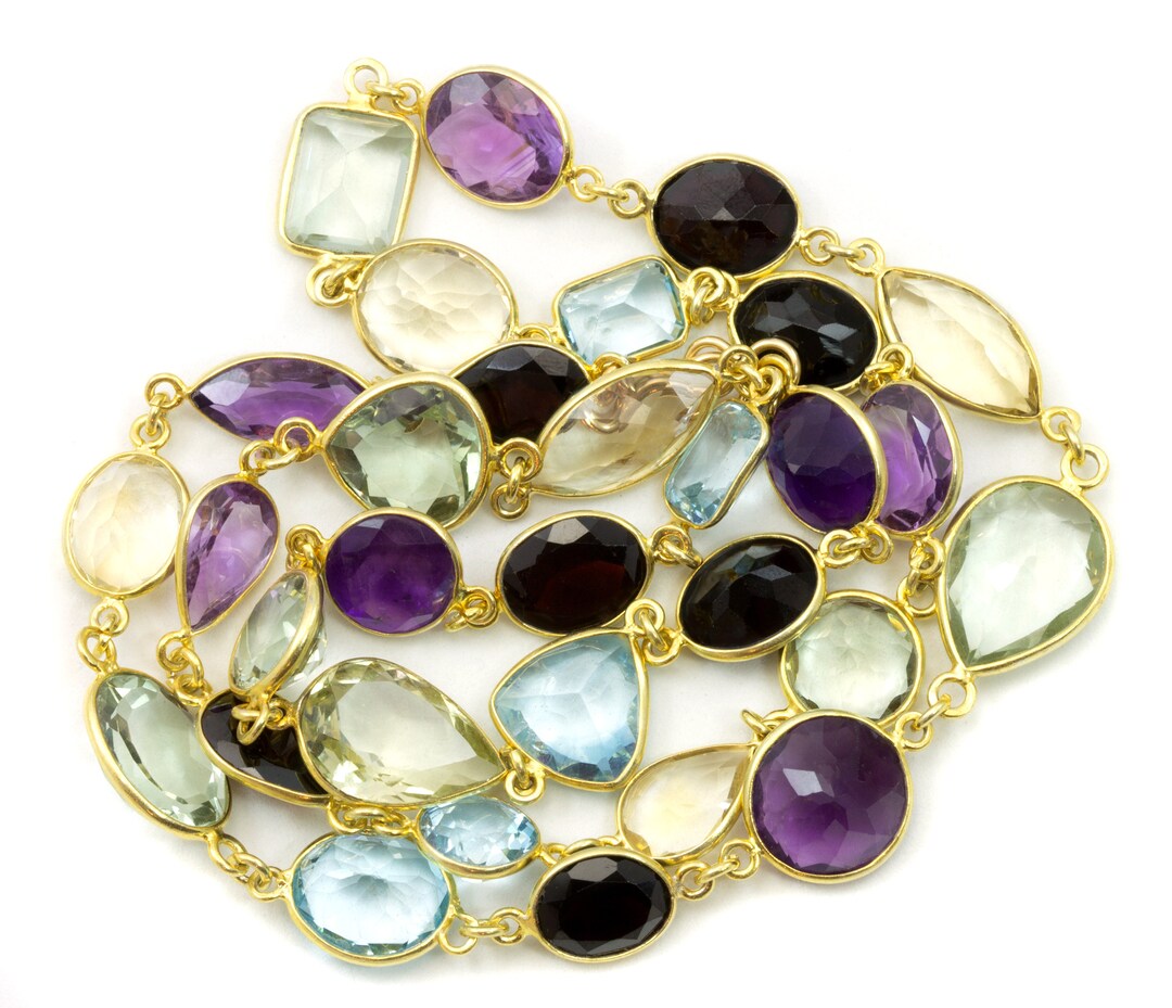 Multiple Gemstone Necklace Bezel Set Stones off Round off Oval 24 Inch ...