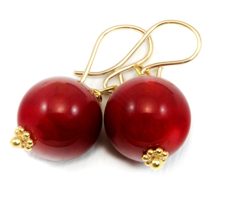 Red Coral Earrings Round Smooth Drops 14k Gold Filled or - Etsy