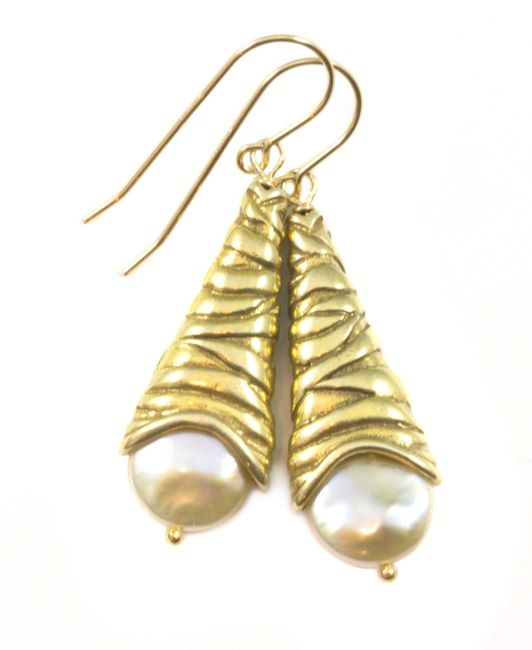 Pearl Earrings 14k Gold Filled Ear Wires and Vermeil Yellow Gold Cone ...