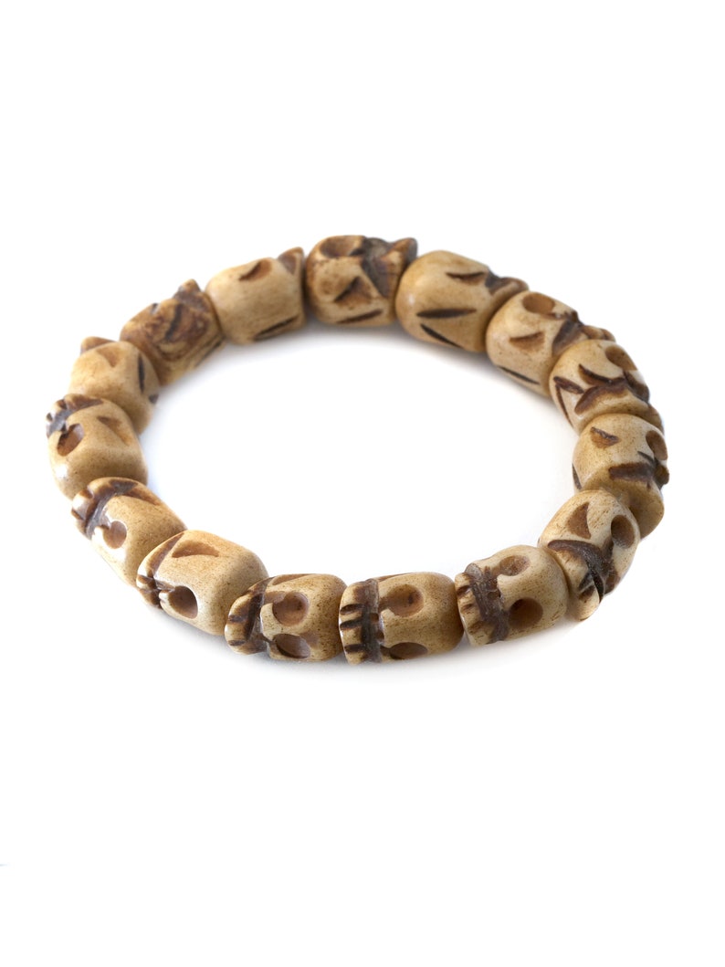 Skull Bracelet Carved Bone White Cream or Brown Bone Skulls 8 Inch ...