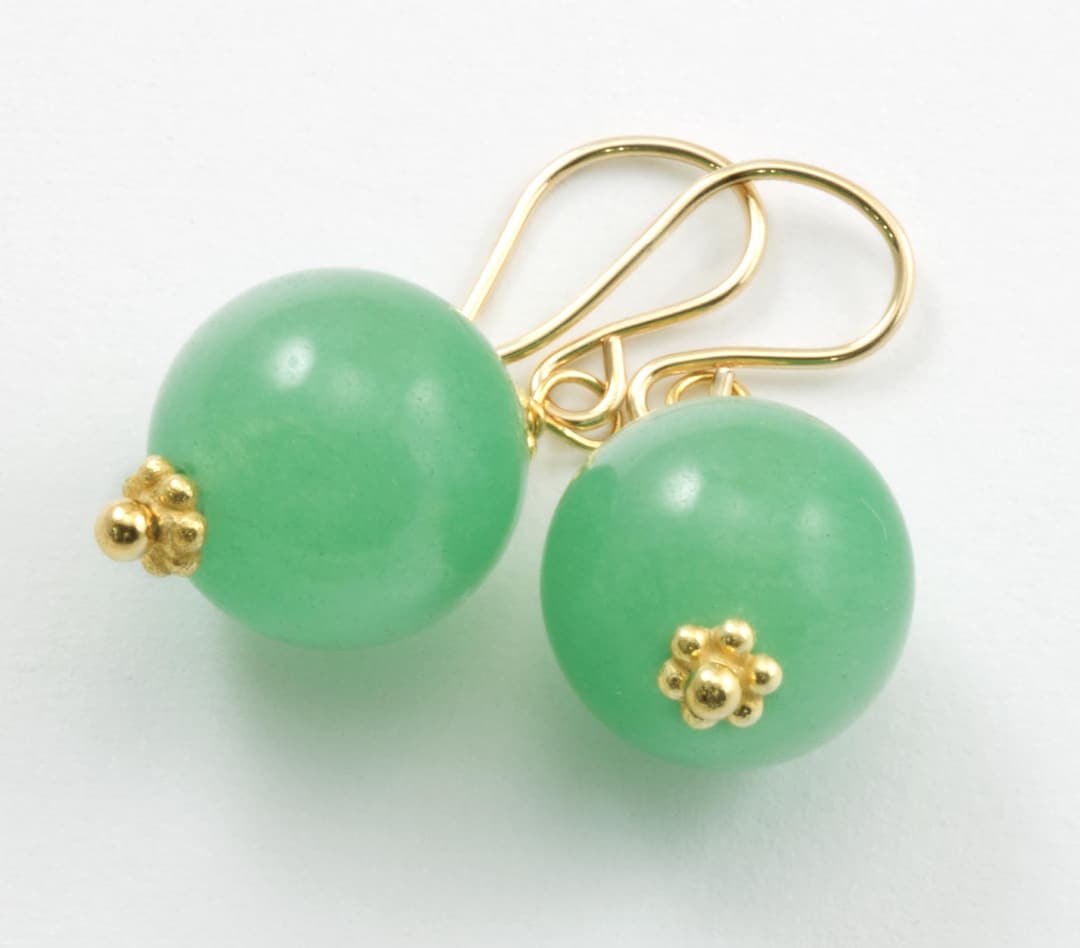 Quartzite Green Jade Earrings Round Smooth Dangle Drop 14k Solid Gold ...