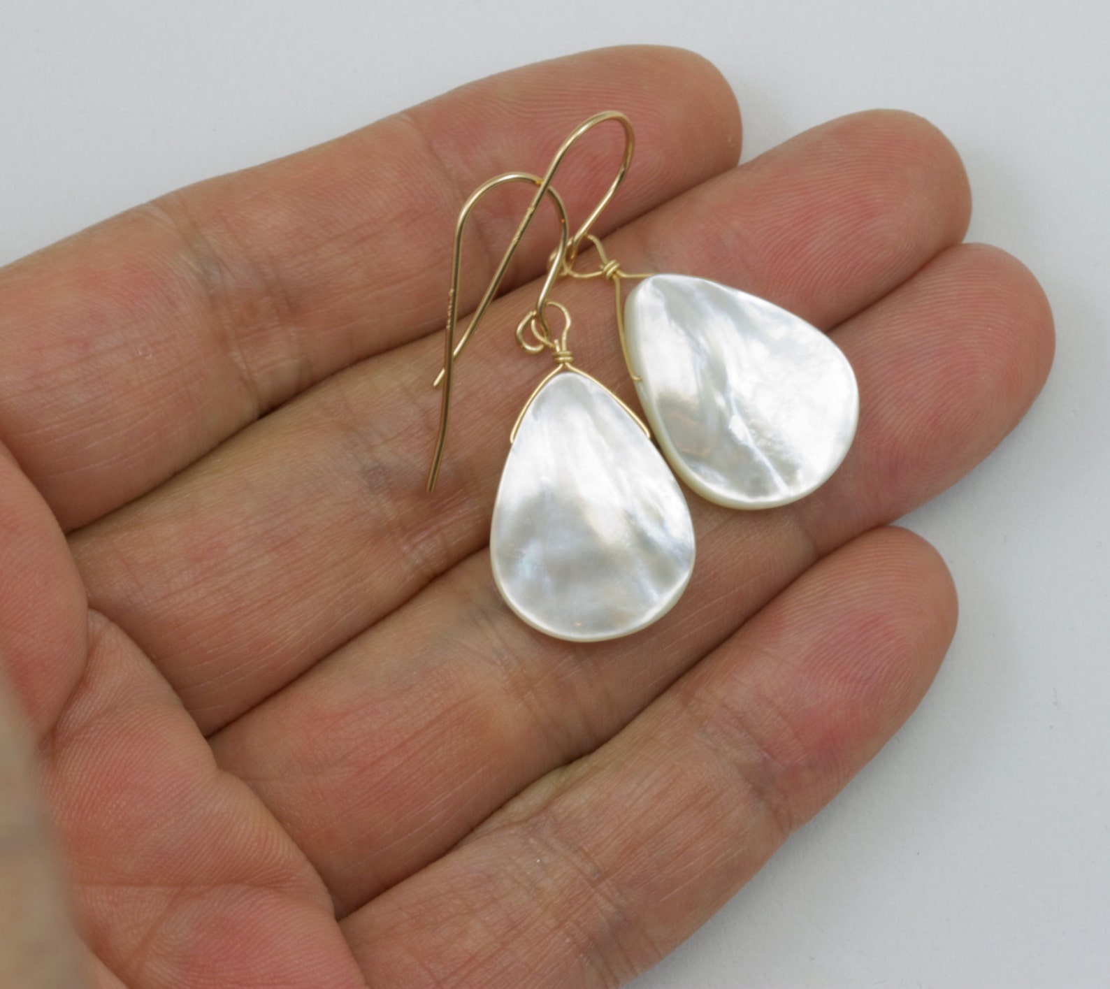 Mother of Pearl Earrings White Shell Teardrop Natural 14k Solid Gold or ...