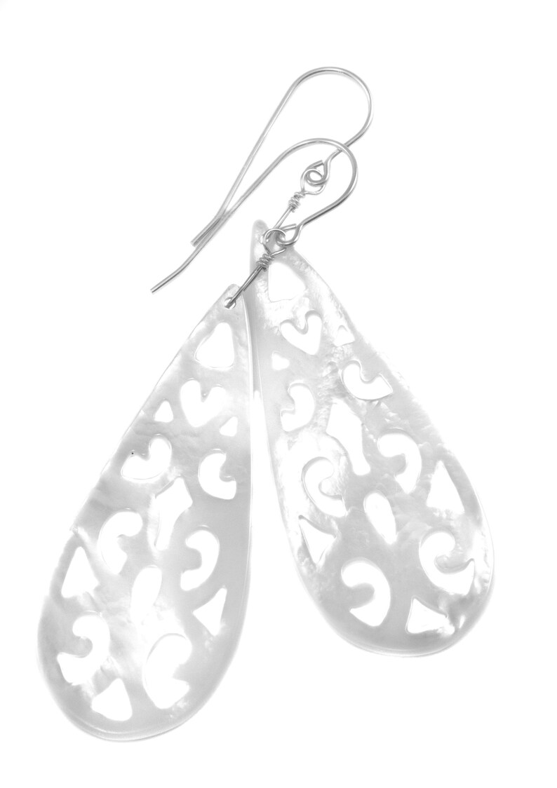 Mother Of Pearl Earrings White Shell Carved Relief Teardrop Etsy
