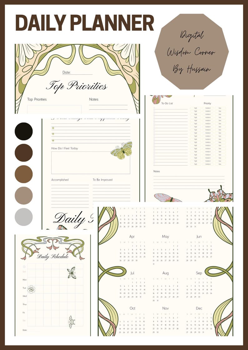Boho Daily Planner Printable, Pastel Green Pink Productivity Pages ...