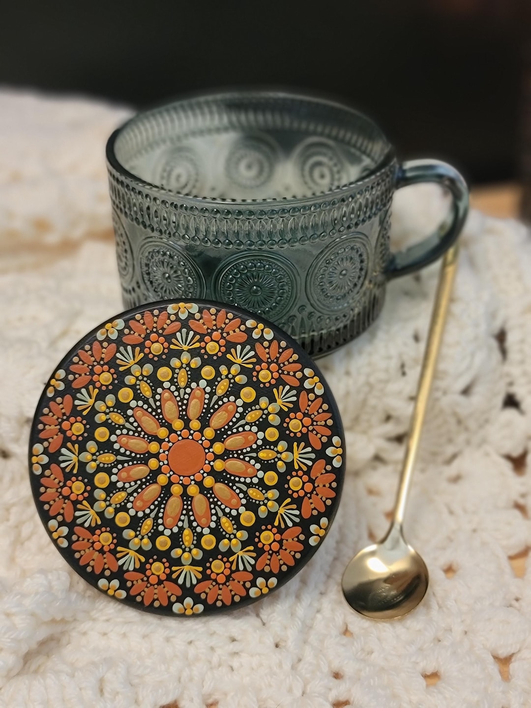 Textured Glass Mug With Hand-painted Lid & Gold Spoon, Boho Tea Cup Set ...
