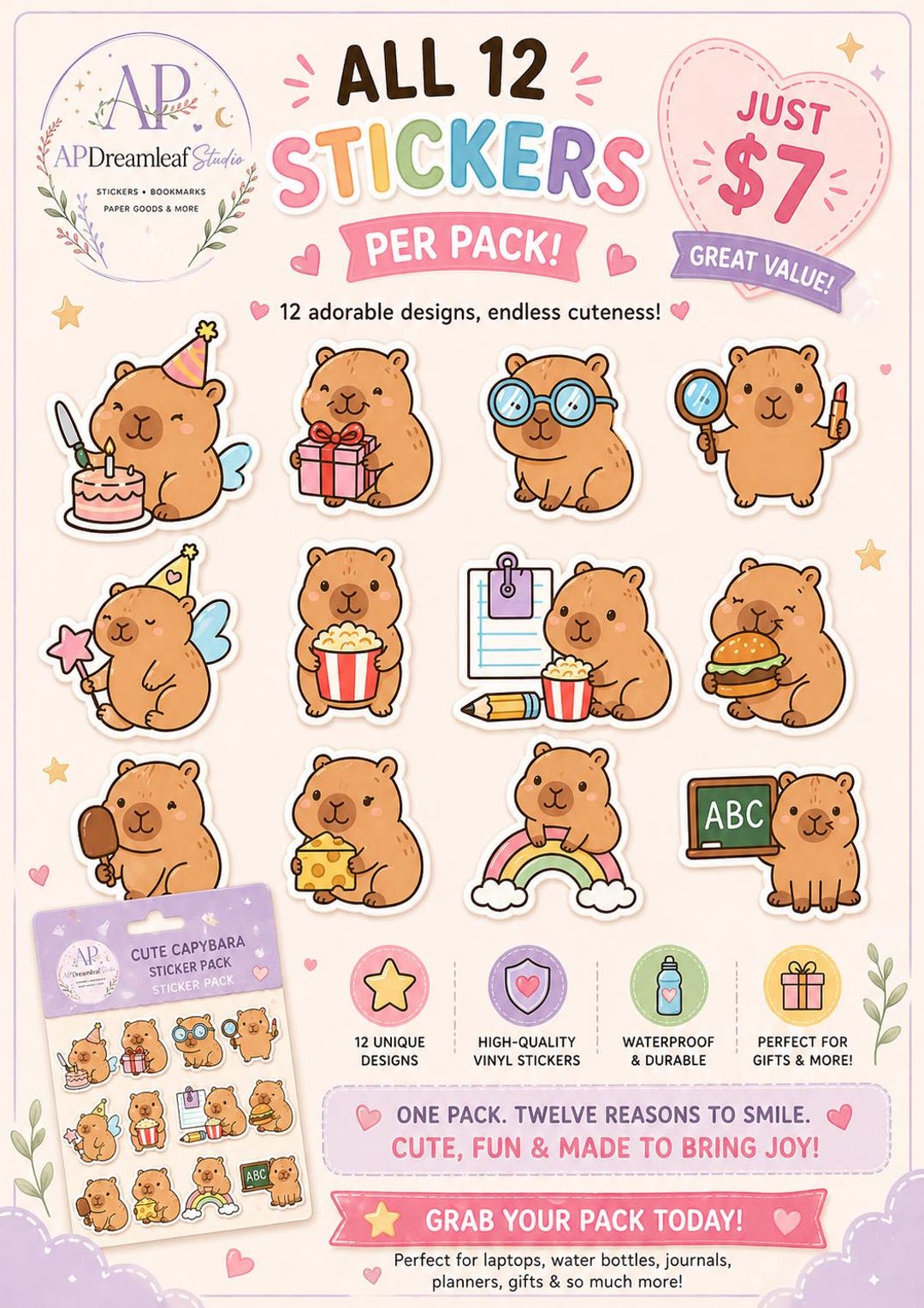 Capybara Die Cut Stickers Pack – 12 Kawaii Animal | Waterproof Vinyl ...