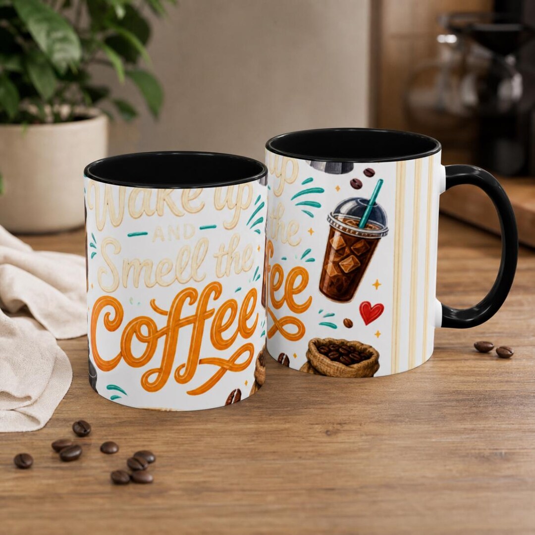 Coffee Mug | Playful Iced Coffee, Beans, Hearts Design (11oz, 15oz) - Etsy