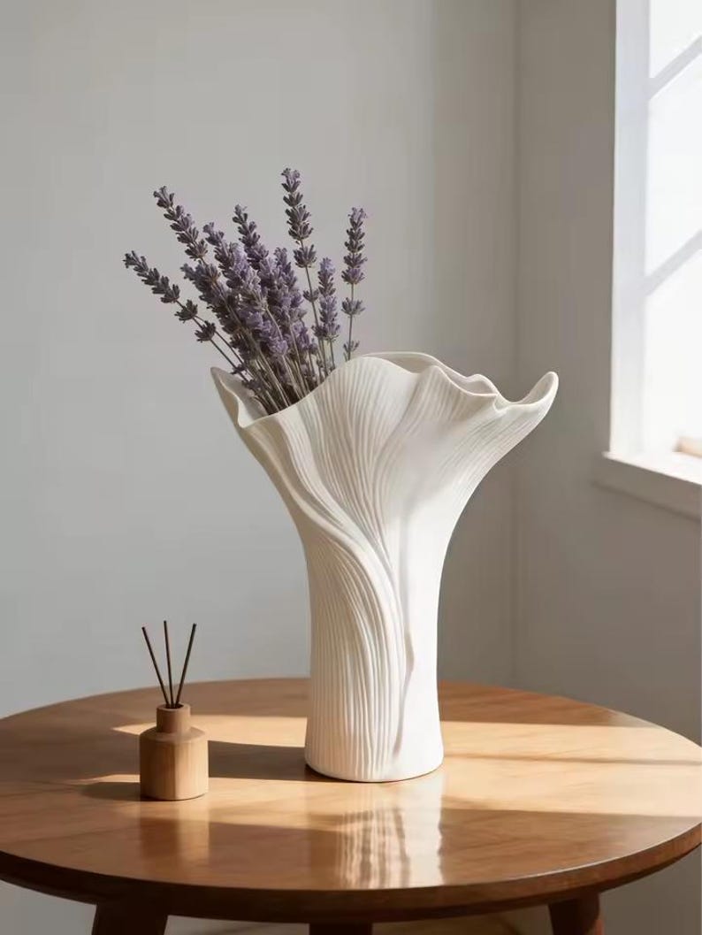 White Ceramic Ruffle Vase | Abstract Wavy Sculptural Home Decor - Etsy