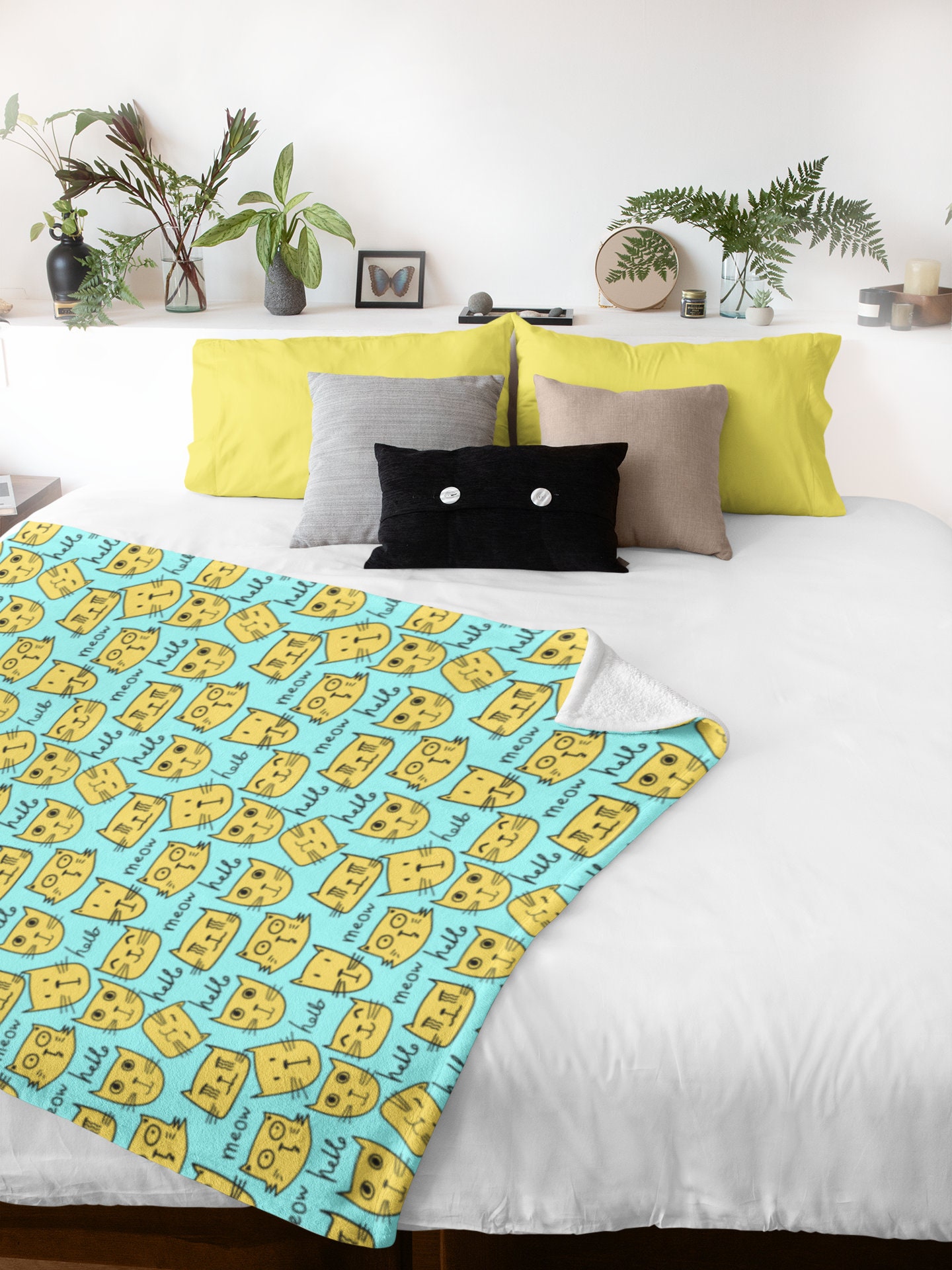 Throw Blanket With Yellow Funny Cats Meow Hello Cats Soft | Etsy