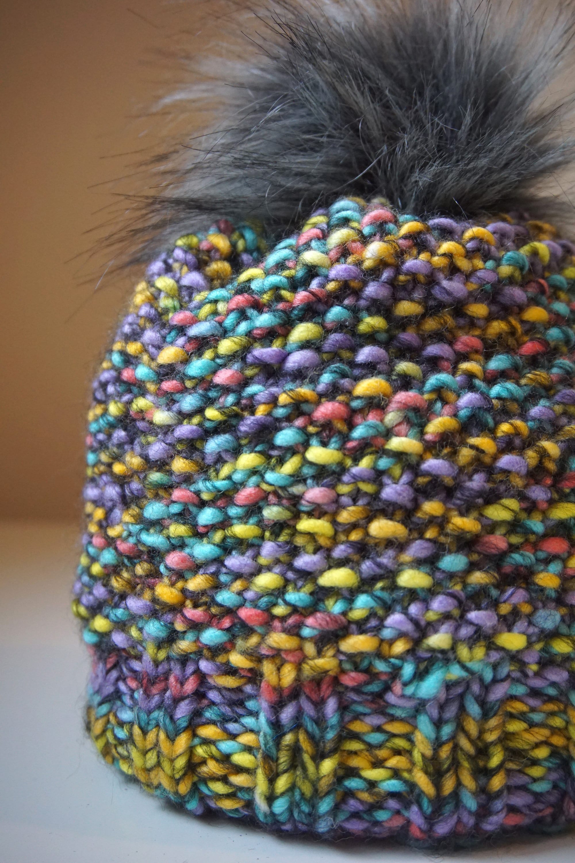 Colourful Grey Hat With Grey Furry Pom Pom Beanie With Pom Pom Knit Hat ...