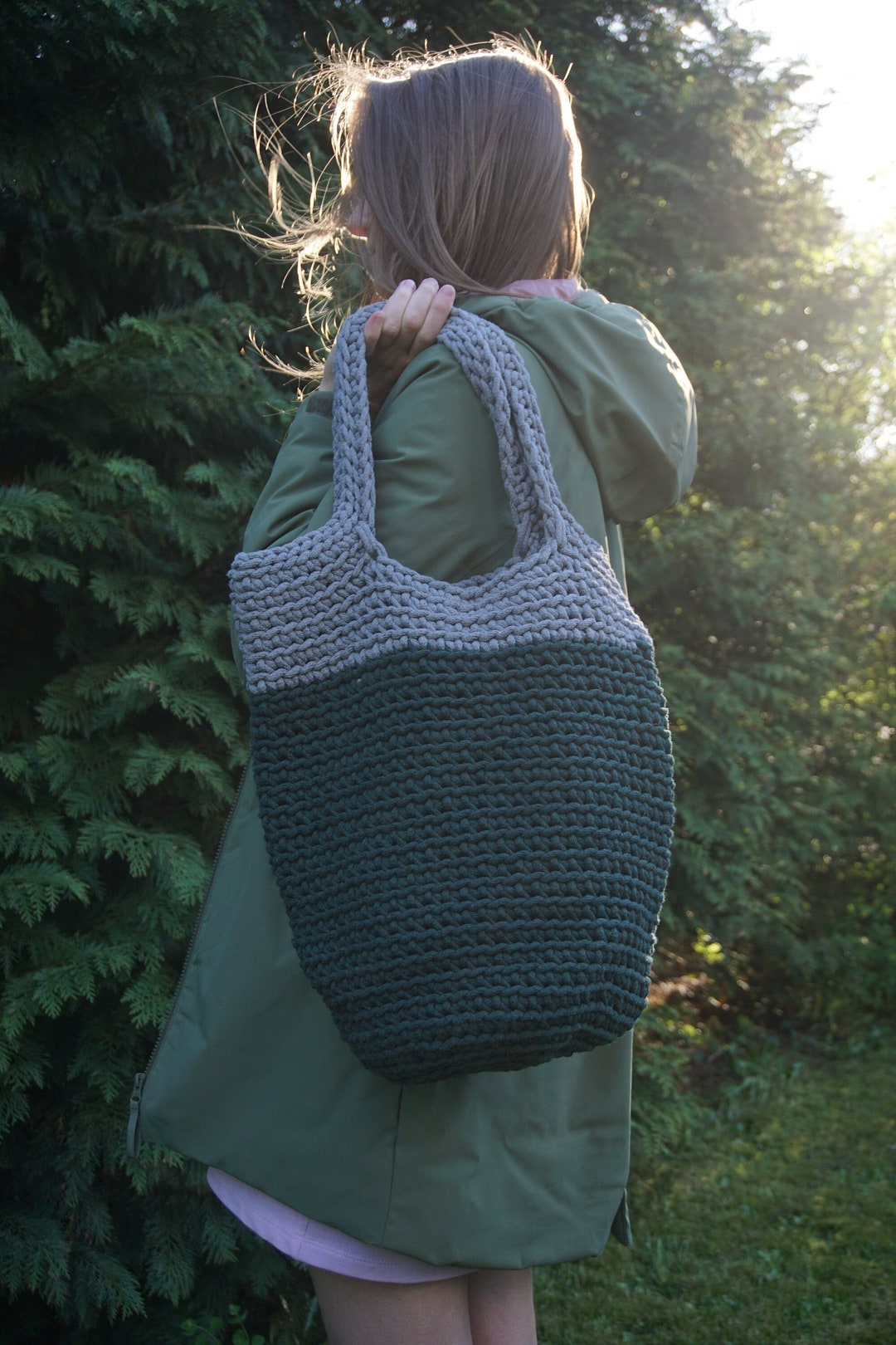 Tote Bag Handmade Crochet Bag Crochet Hand Bag Rope Bag Gray and Dark ...