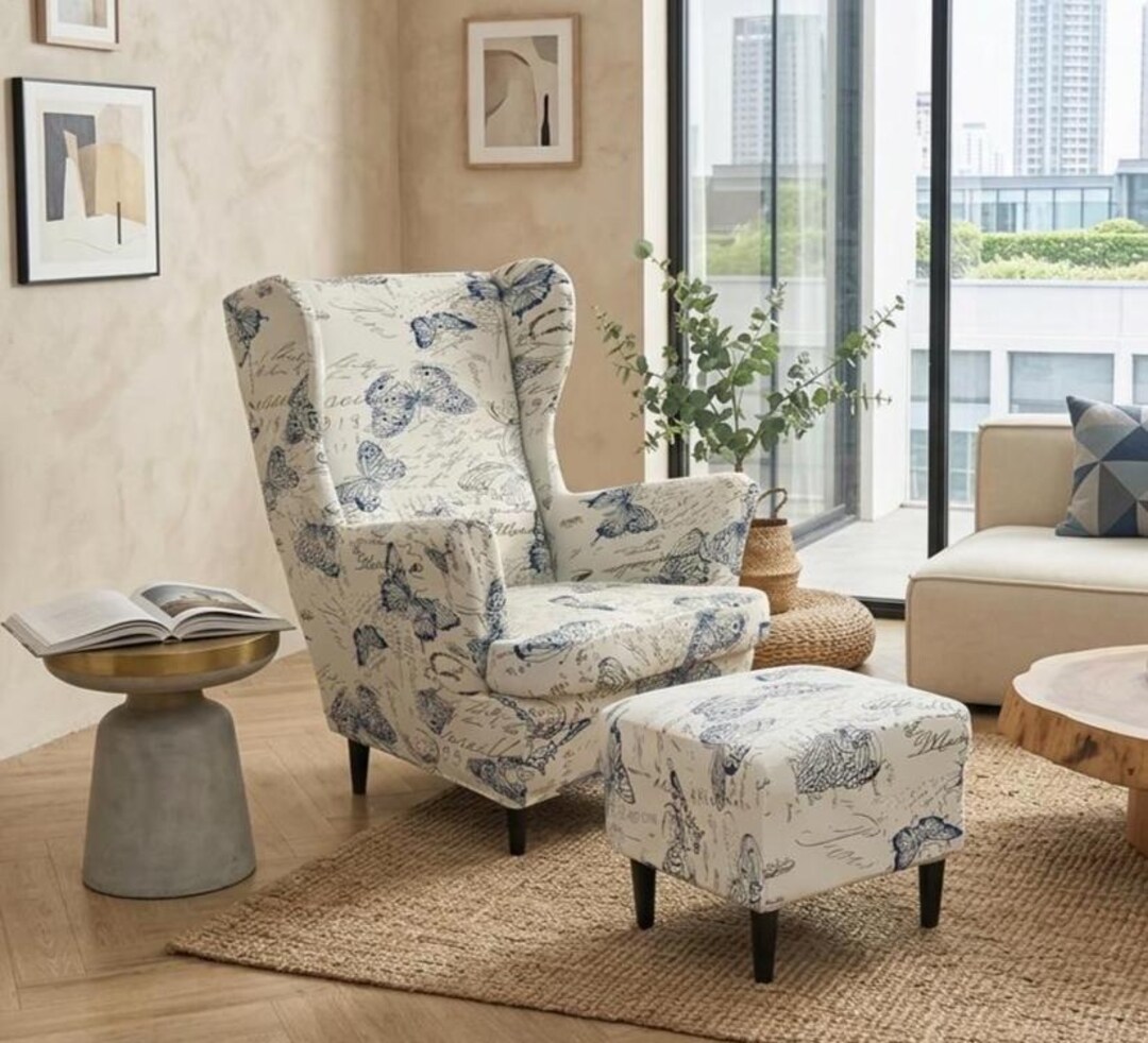 Leaves Wingback Chair Cover With Ottoman Cover, Stretch Spandex ...