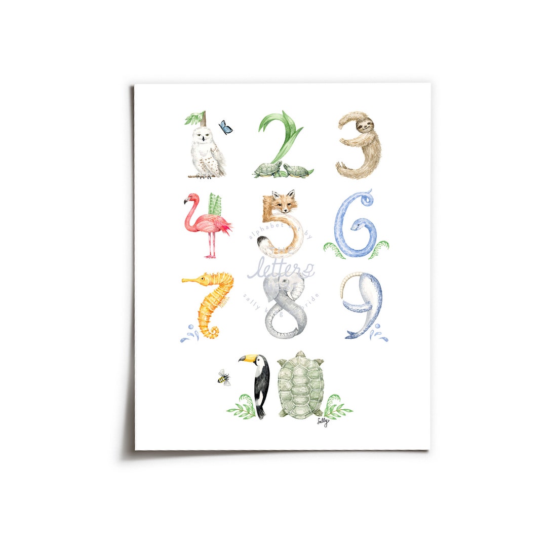 Animal Number Print | Framed Watercolor Print | Nursery Decor ...