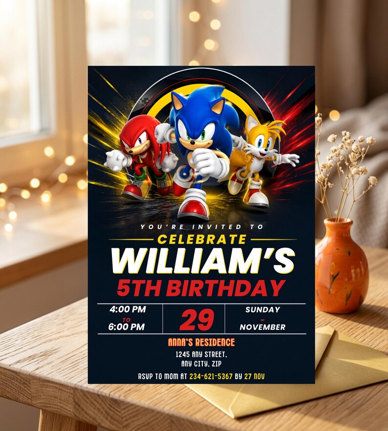 Sonic Birthday Invitation, Speed Gaming Party Invite, Editable Canva ...