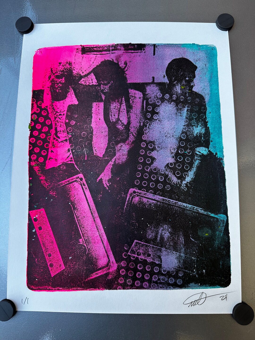 Punk Rock Gel Print Wall Decor Monoprint Collage Art Multicolored One ...