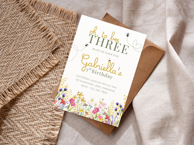 Bee 3rd Birthday Invitation, Wildflower Honey Bee Party Invite, Kids ...