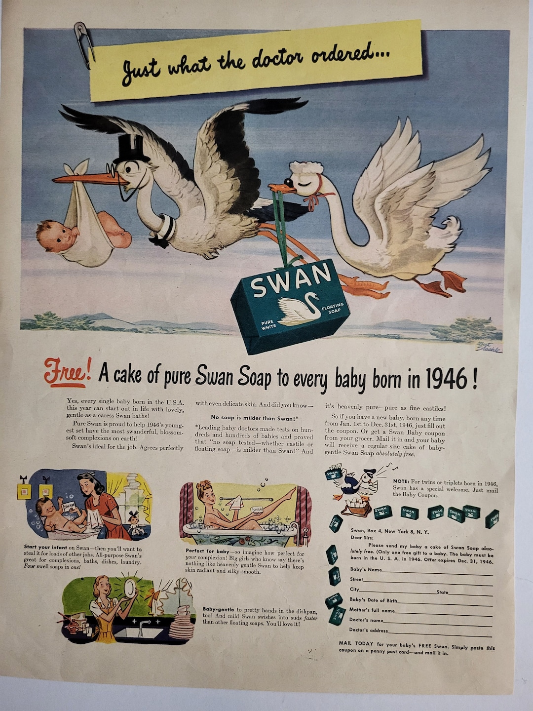 Swan Soap Ad Original Vintage Ad Kitchen Bath Decor Dish Baby Soap Laundry Soap Ready to Frame ...