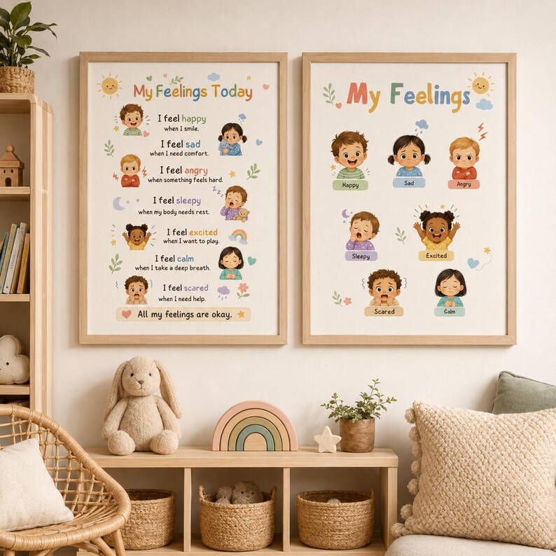 Kids Feelings Poster Set | Emotions Chart, SEL Wall Art (digital ...