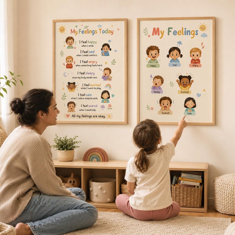Kids Feelings Poster Set | Emotions Chart, SEL Wall Art (digital ...