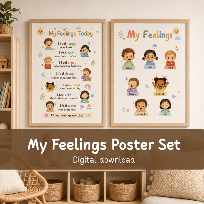Kids Feelings Poster Set | Emotions Chart, SEL Wall Art (digital ...