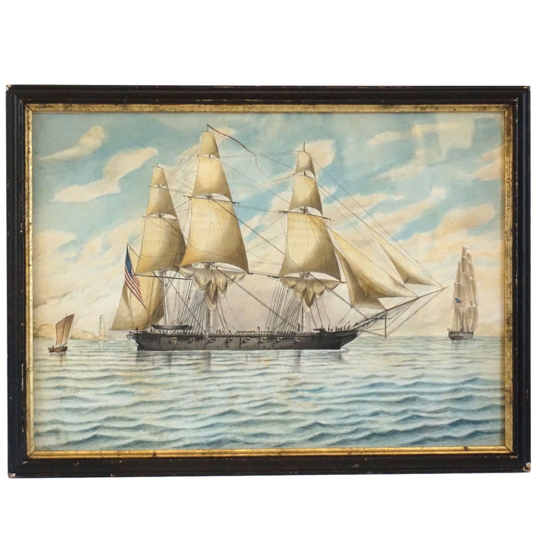 1850's Antique Signed American School Watercolor on Paper Painting ...
