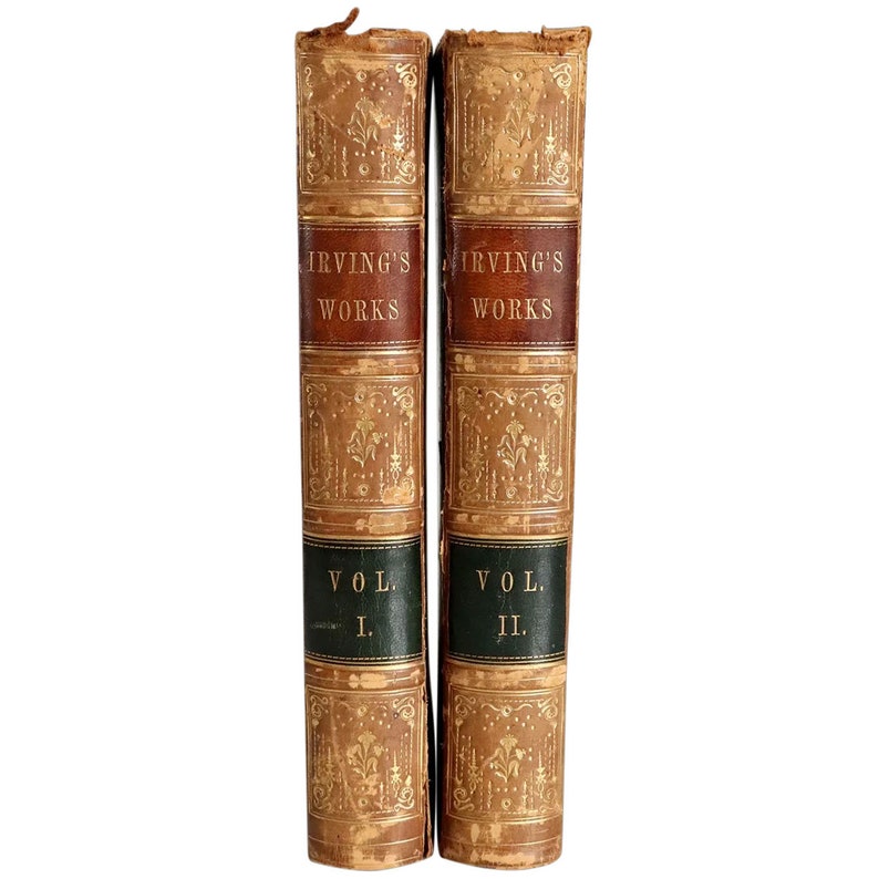 Set of Two Antique Leather Bound Books: the Works of Washington Irving ...