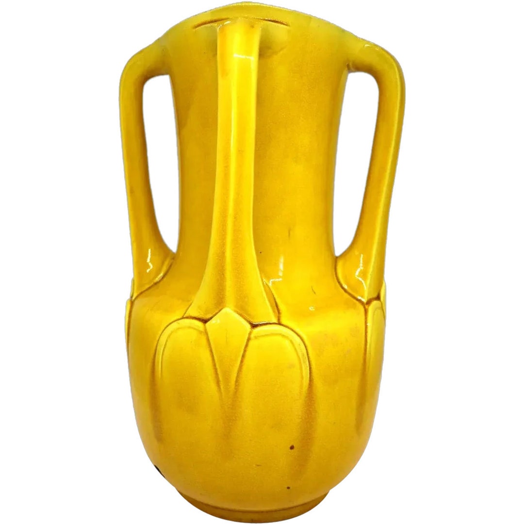 1910 Vintage Japanese Awaji Ware Art Nouveau Yellow Pottery Four Handle ...