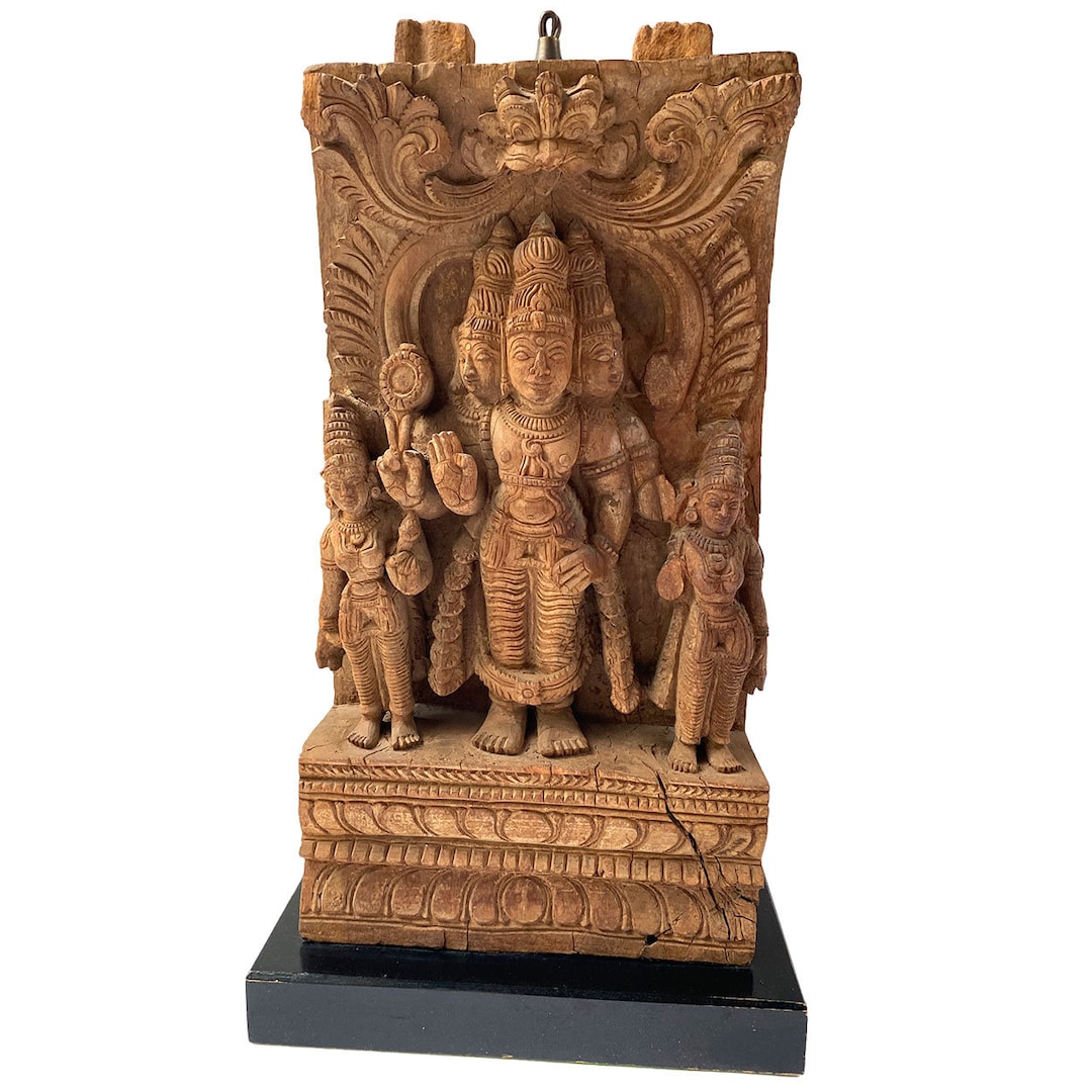 1800s Vintage Lord Brahma Indian Hindu Teak Panel as a Table Lamp Base ...