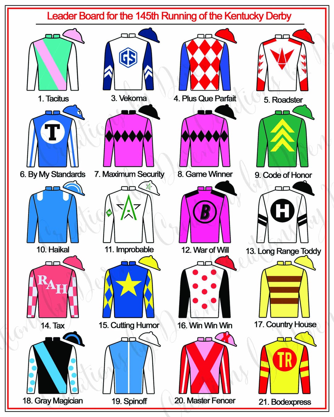 Past Year's Kentucky Derby Jockey Jersey Silk Art 2019-2024 Six Files ...