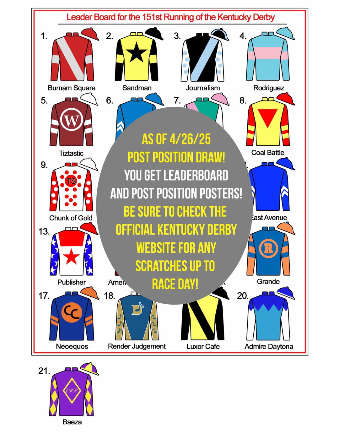 Leaderboard and Post Position Posters Jockey Jersey Silks as of Post ...
