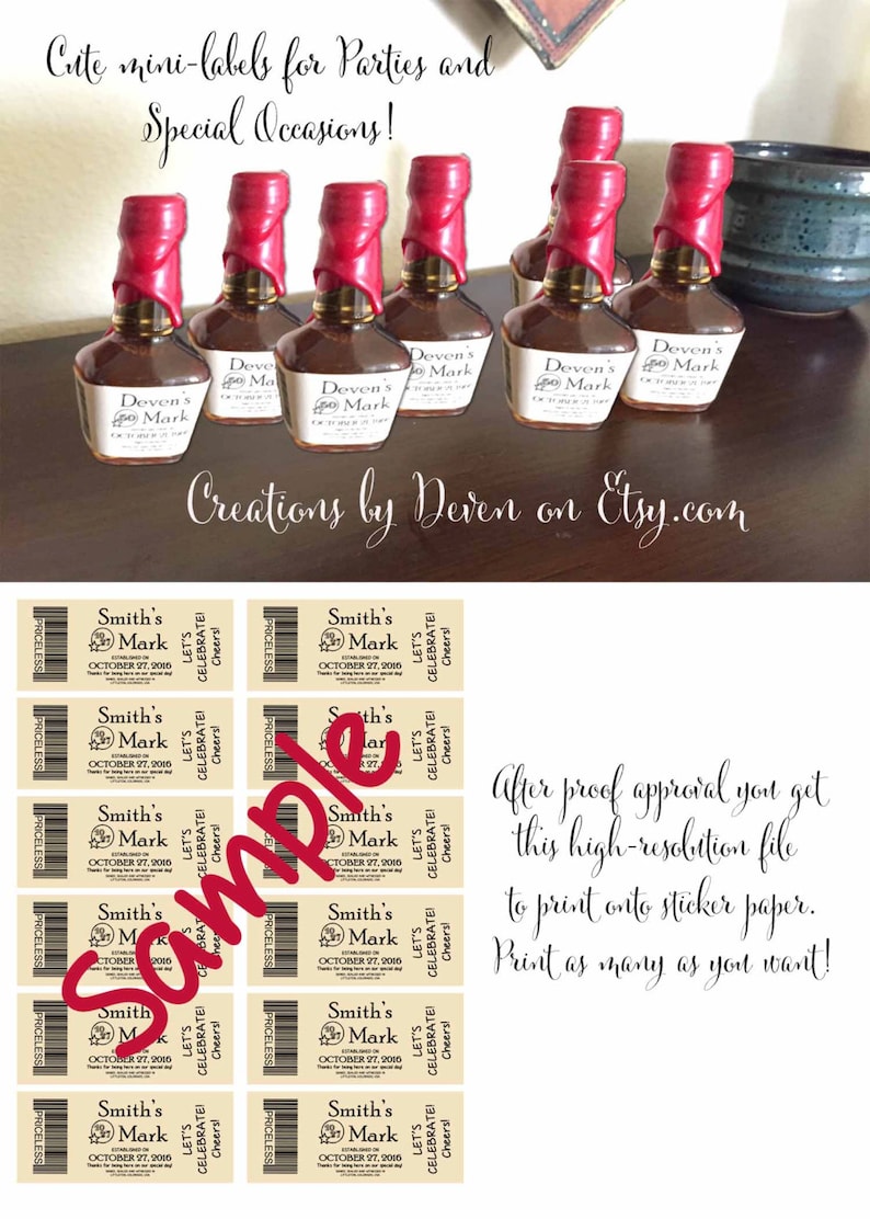 Custom Bourbon Whiskey Label for Mini Size 12 on a Sheet DIY OR Printed ...