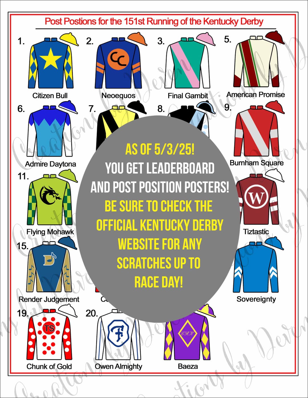 Post Position and Leaderboard Posters Jockey Jersey Silks as of 5/3/25 ...