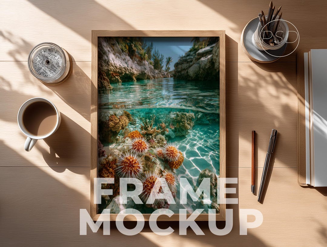 Wood Frame Mockup for Wall Art, Vertical Poster With Sunlight Shadow ...