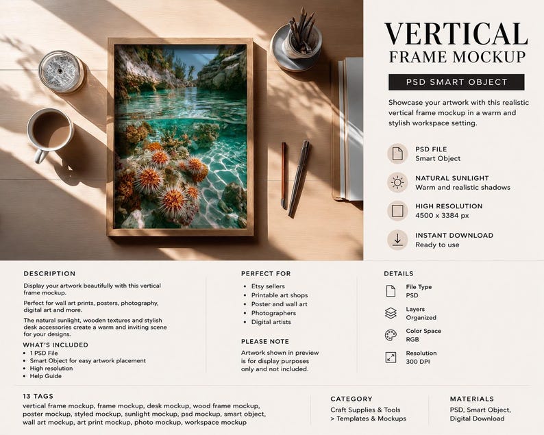 Wood Frame Mockup for Wall Art, Vertical Poster With Sunlight Shadow ...