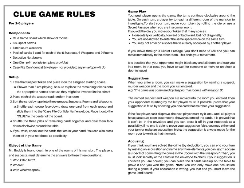 Clue Game Template for Canva Family Game Night Personalize - Etsy Canada