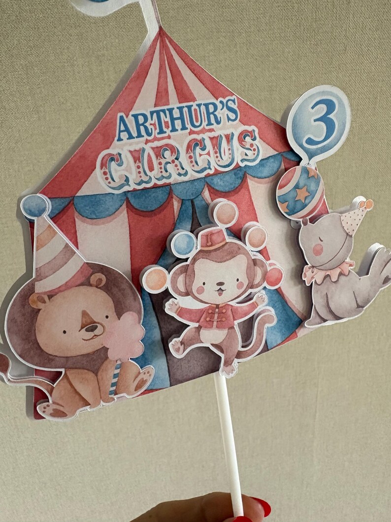 Personalised Circus Birthday Cake Topper | Watercolour Lion, Monkey ...