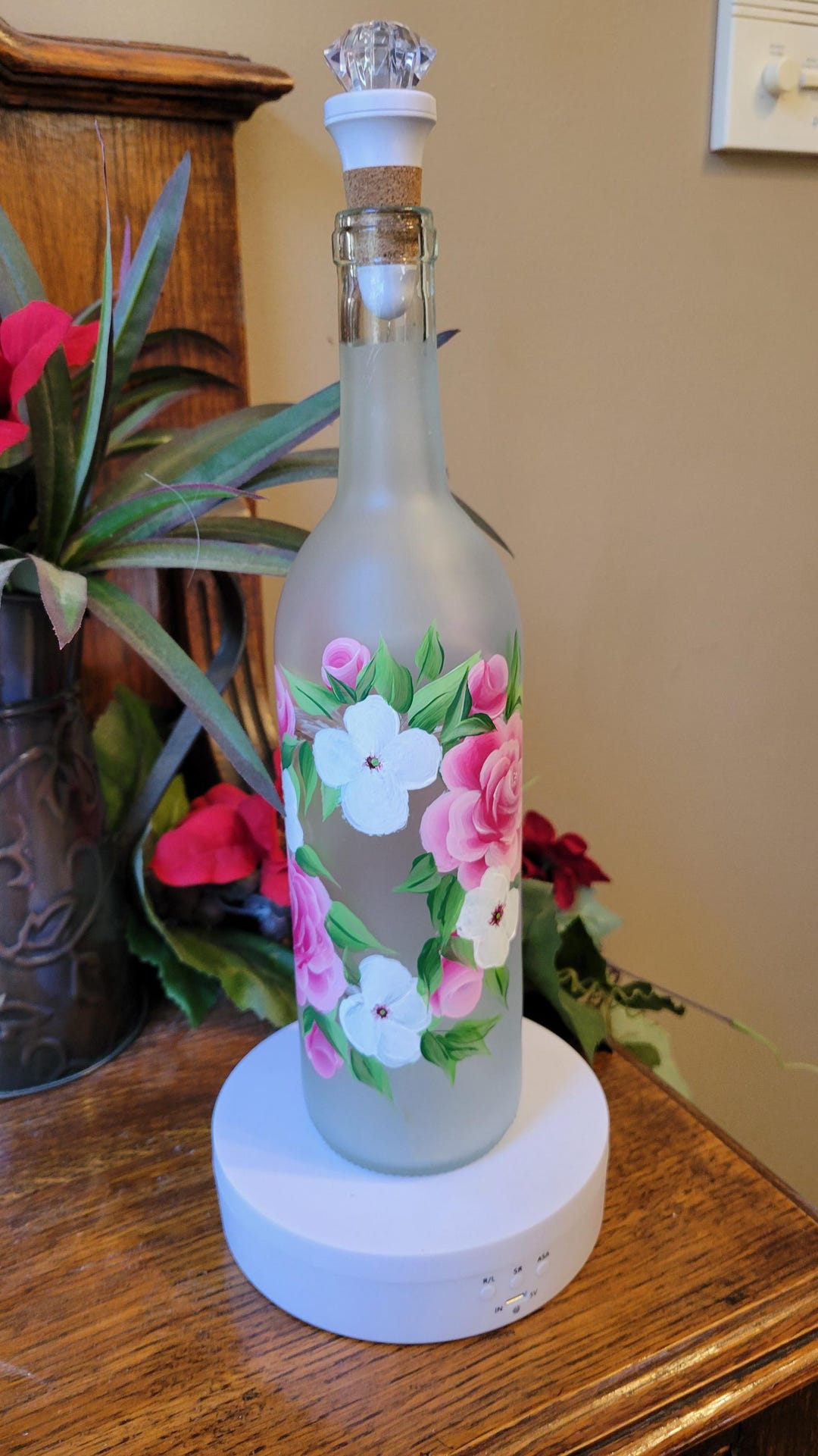 Decorative, Hand Painted, Floral, Frosted Glass Wine Bottle With Fairy ...