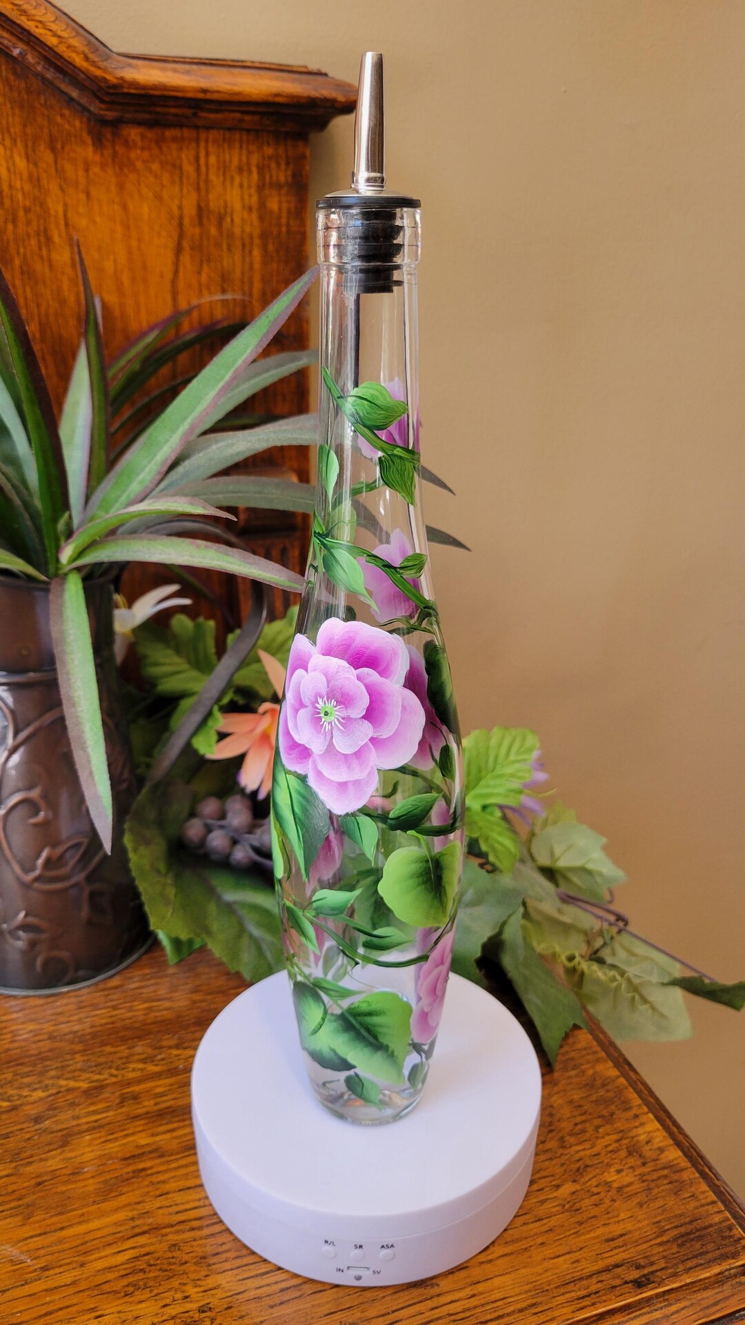 Decorative, Hand Painted, Pink Roses, Clear Pear Shape Oil Dispenser ...