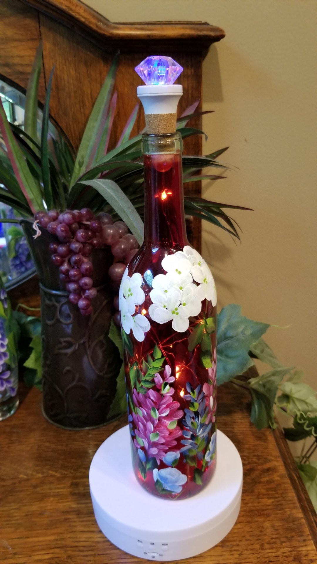 Decorative, Hand Painted, Multi-colored Flowers, Red Colored Glass ...