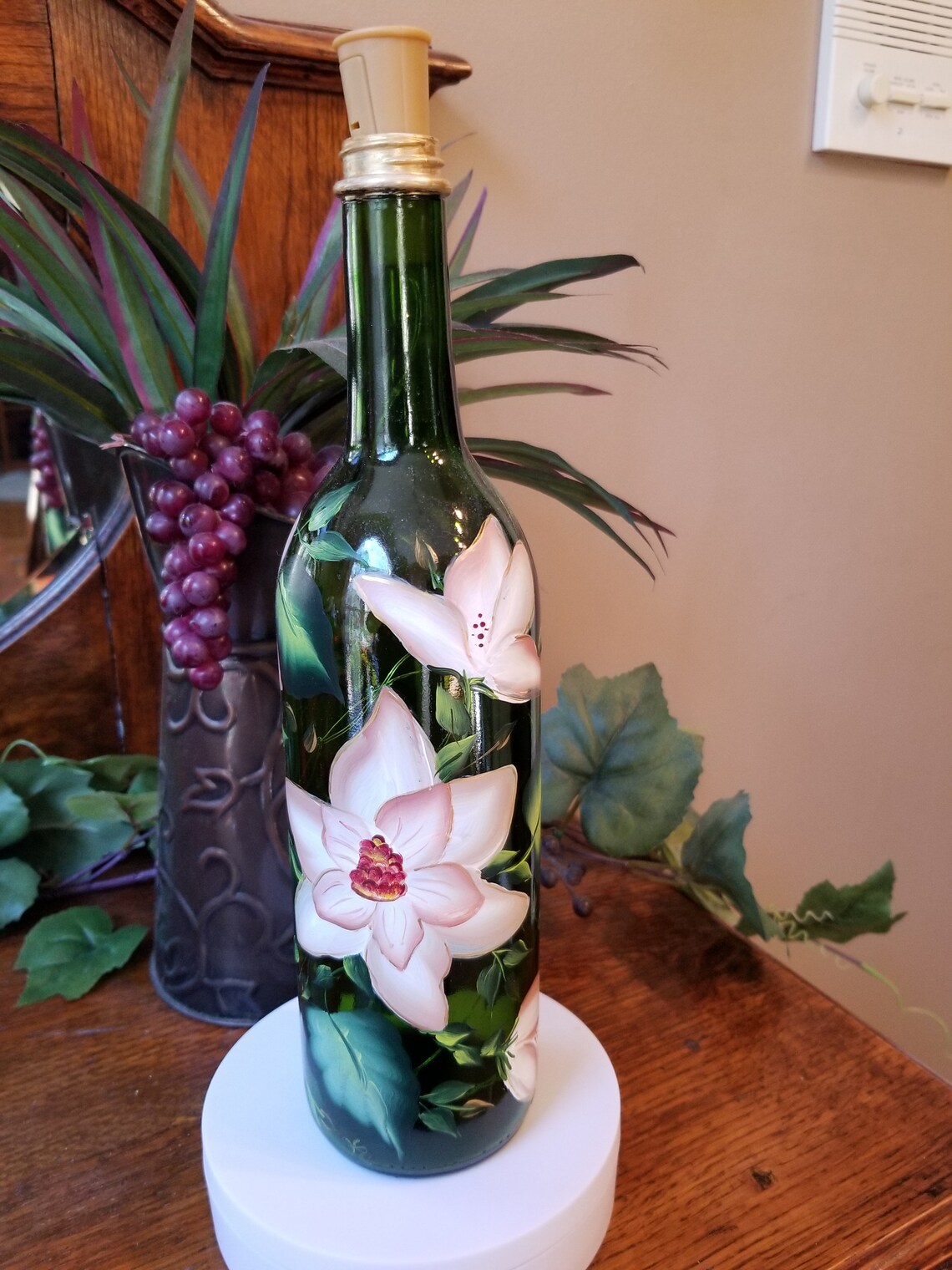 Decorative, Hand Painted, Magnolia Lighted Wine Bottle With Fairy ...