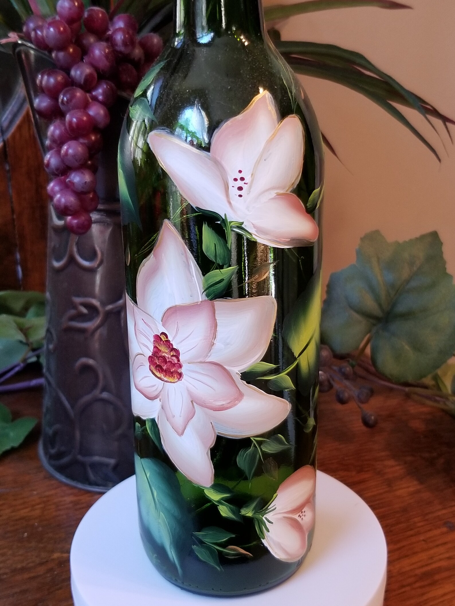 Decorative, Hand Painted, Magnolia Lighted Wine Bottle With Fairy ...