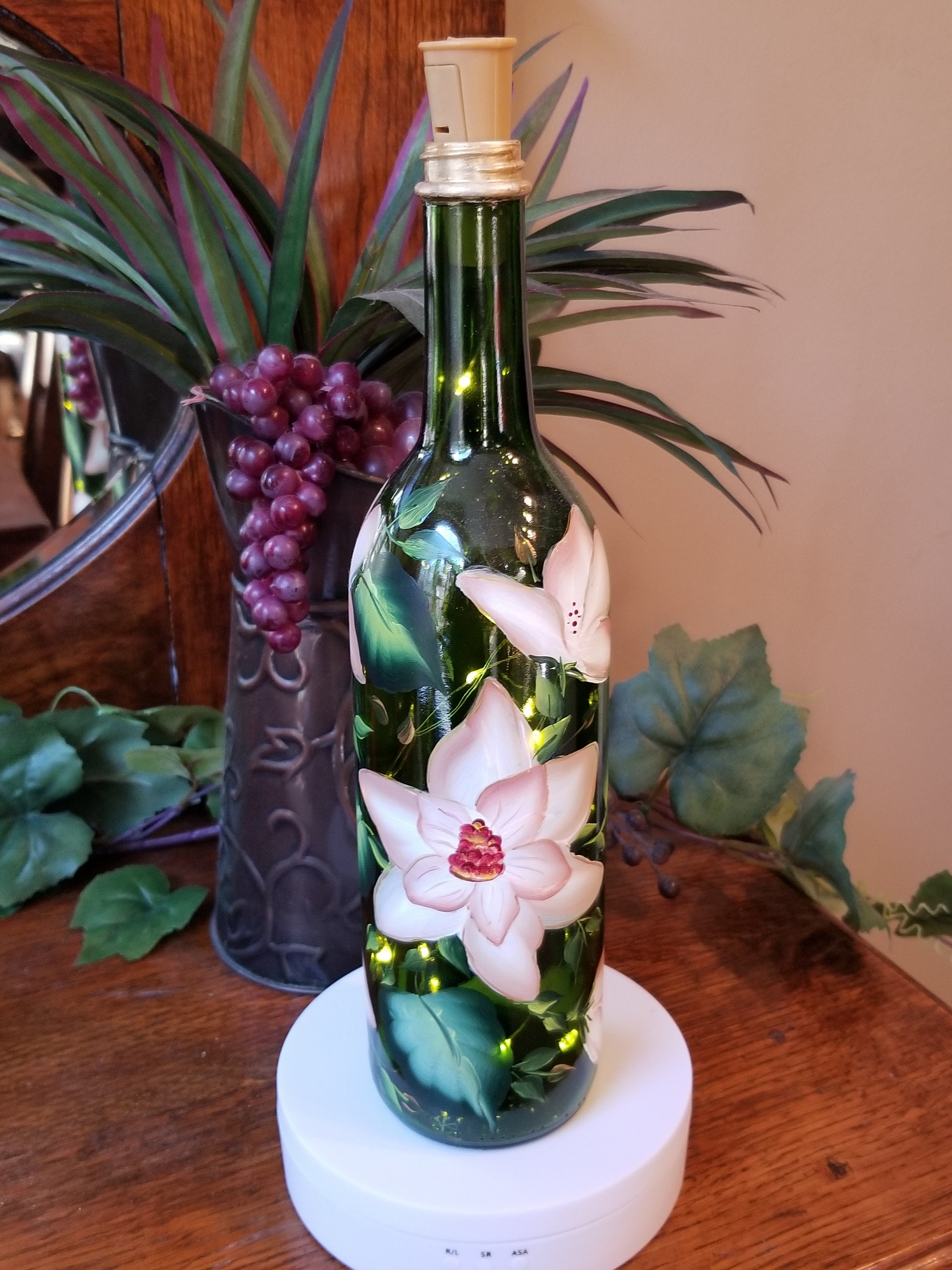 Decorative, Hand Painted, Magnolia Lighted Wine Bottle With Fairy ...