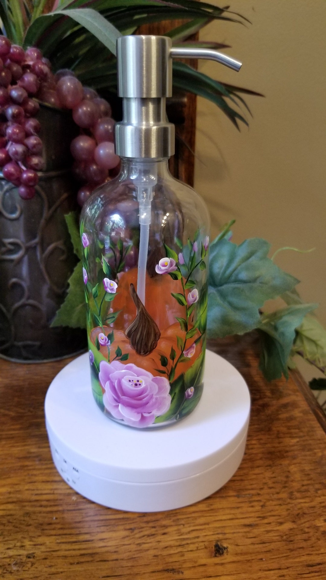 Hand Painted Fall Pumpkin Flowers Glass Soap Dispenser, 16 Oz - Etsy