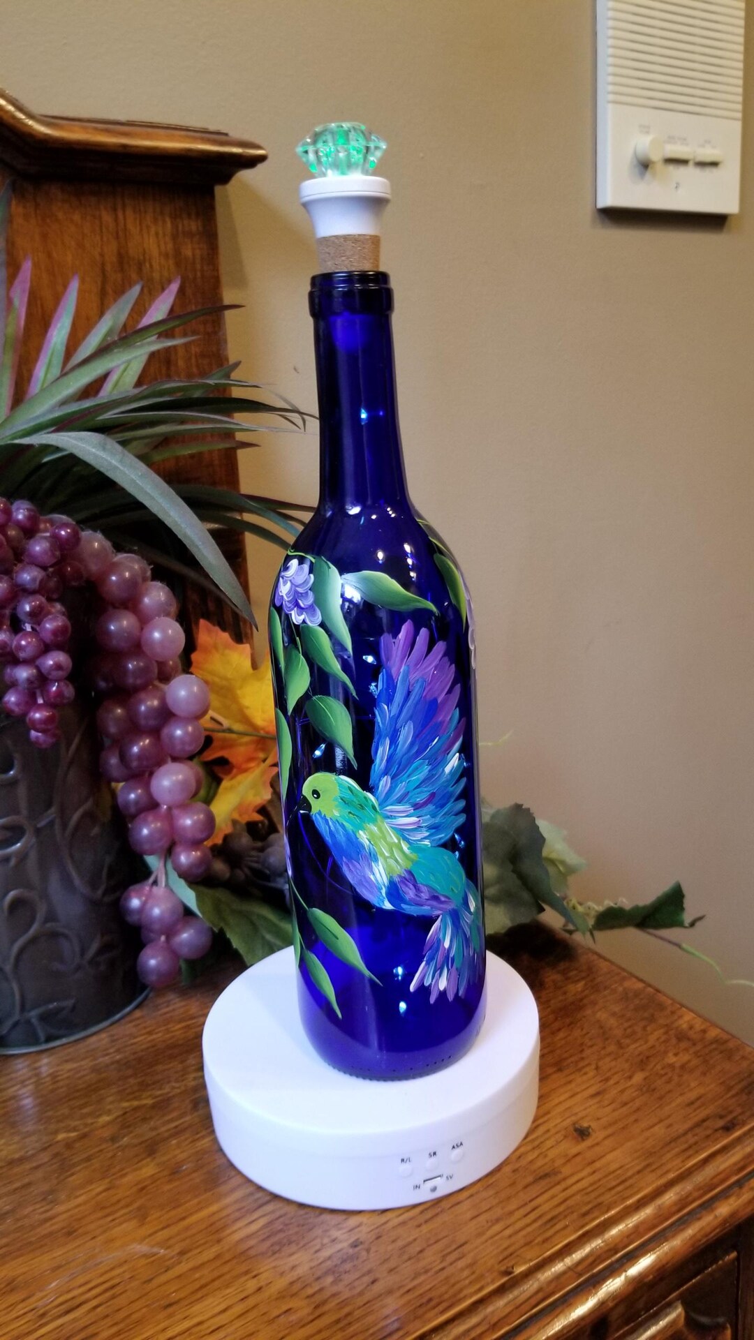 Decorative, Hand Painted, Hummingbird and Wisteria, Blue Glass Light up ...