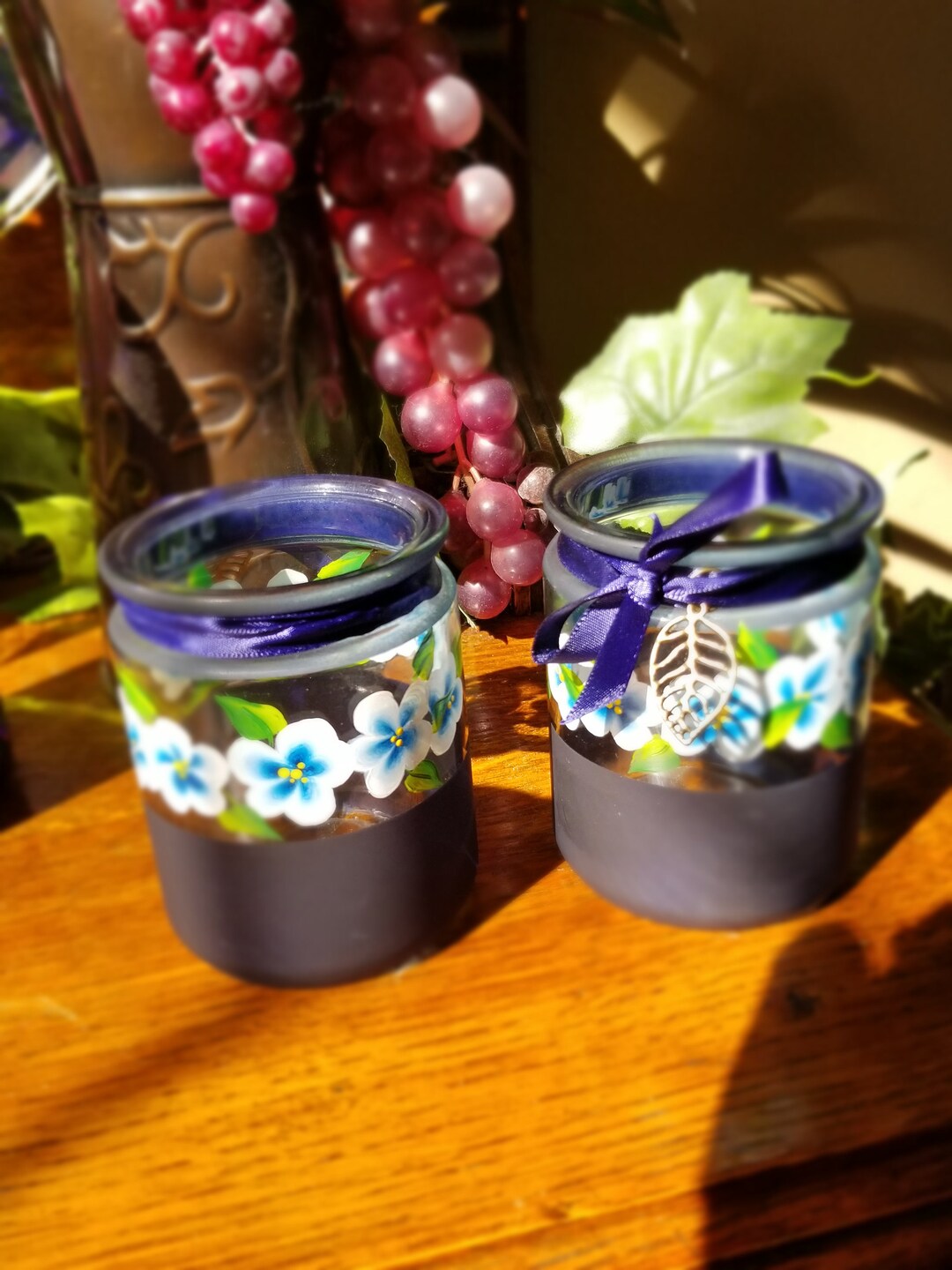 Decorative Set, Hand Painted Blue Flowers, Glass Light up Votives With ...