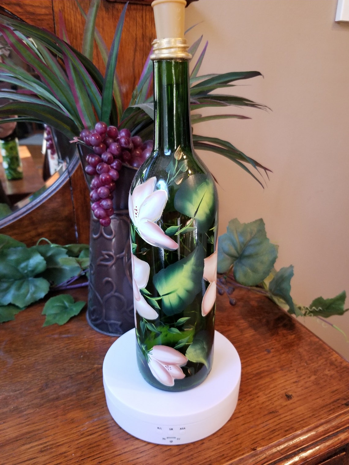 Decorative, Hand Painted, Magnolia Lighted Wine Bottle With Fairy ...